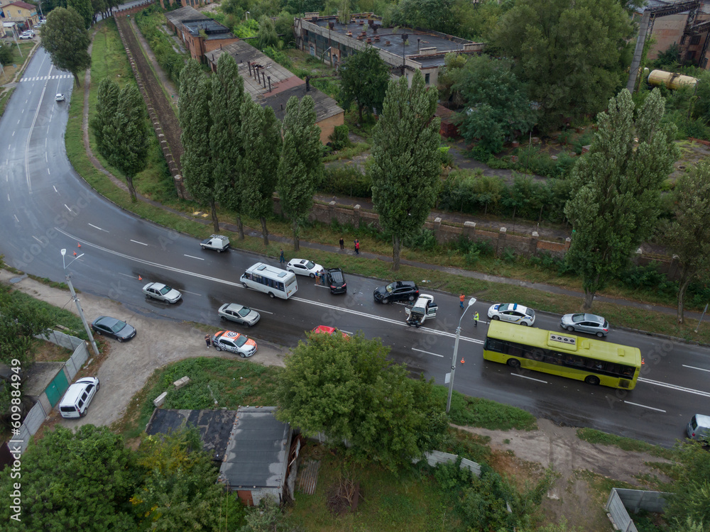 Head-on collision accident. Top view of the road. Severe accident ...