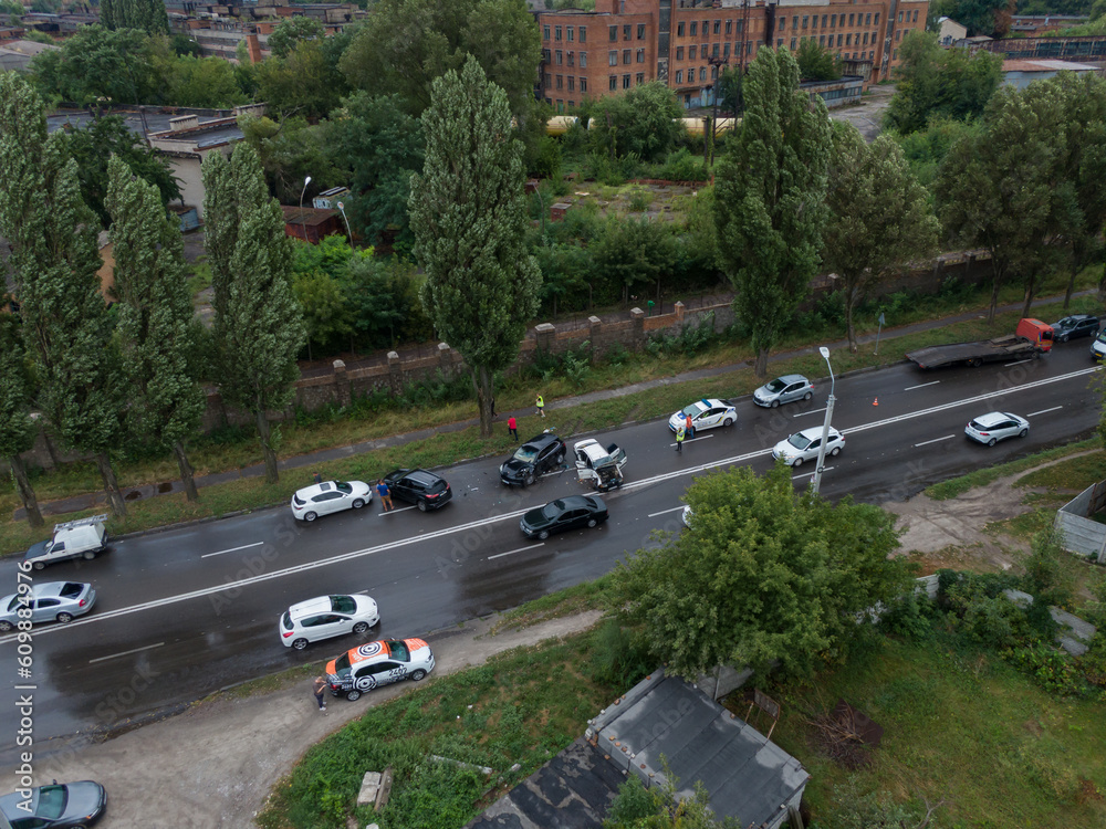 Head-on collision accident. Top view of the road. Severe accident ...
