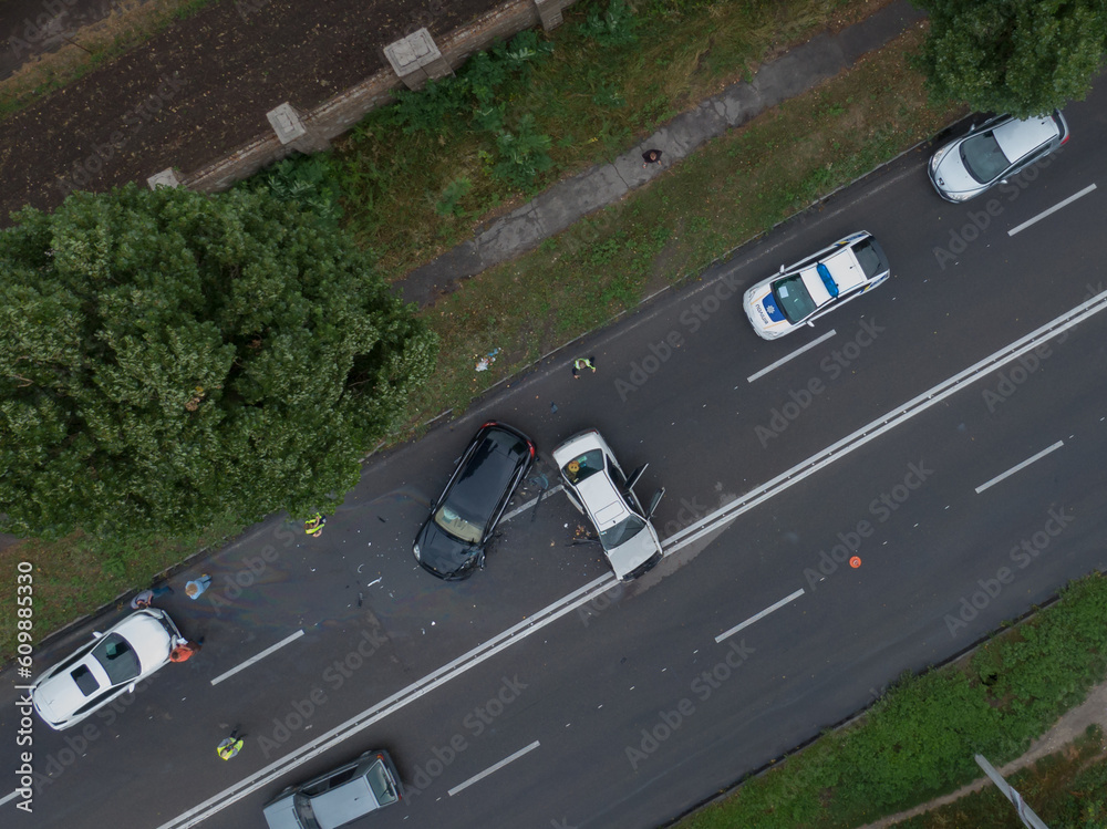 Head-on collision accident. Top view of the road. Severe accident ...