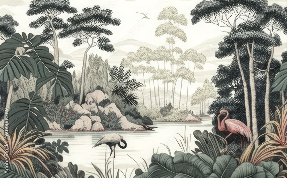 Wallpaper vintage jungle pattern with birds flamingo in forest trees on ...