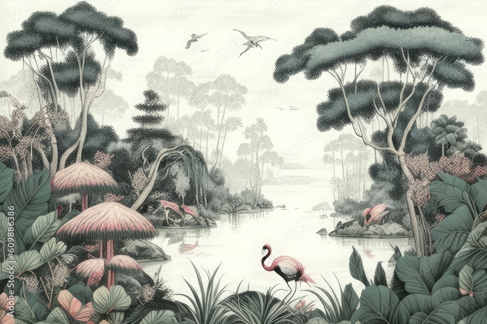 Wallpaper vintage jungle pattern with birds flamingo in forest trees on ...