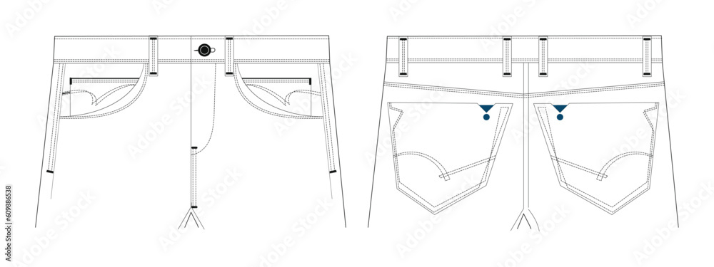 Men's jeans front back side technical sketch outline design, vector ...