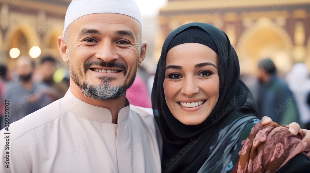 Couple Muslim smiling to the camera with view of the kaaba in Mecca ...