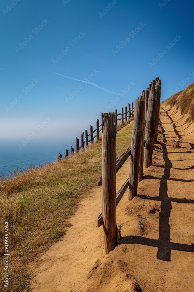 fence on the beach. rule of thirds a trail heading up a cliff ...