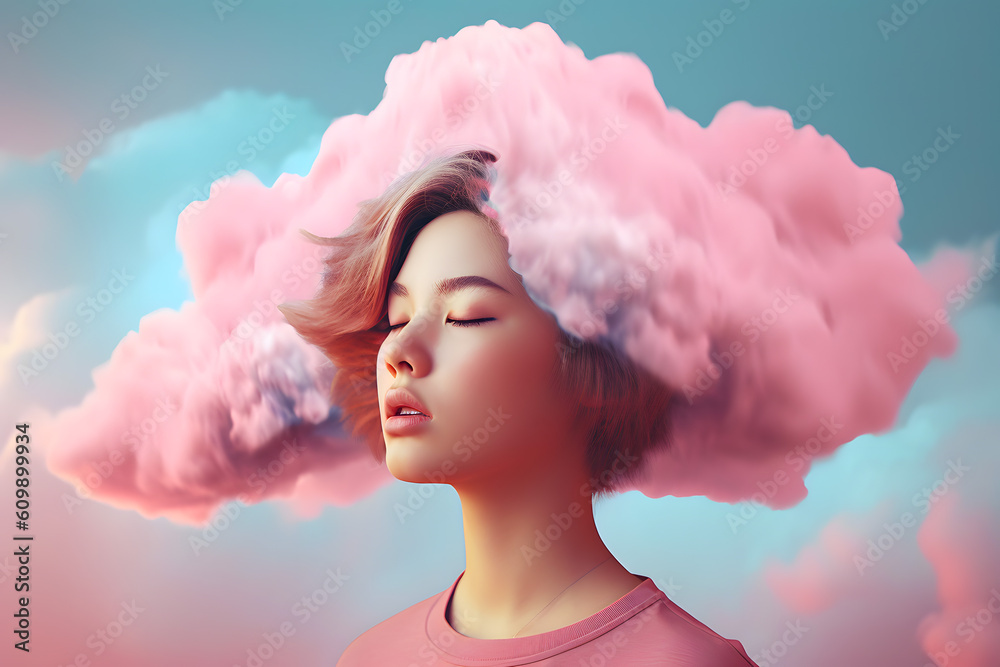 Girl with a clouded mind, her head in pink glamorous stylish minimalism ...
