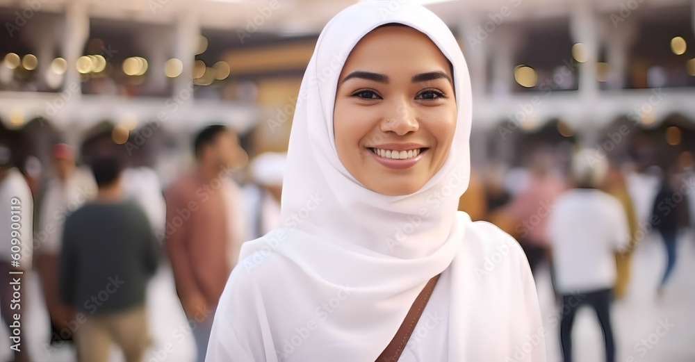 Muslim woman smiling to the camera with view of the kaaba in Mecca and ...