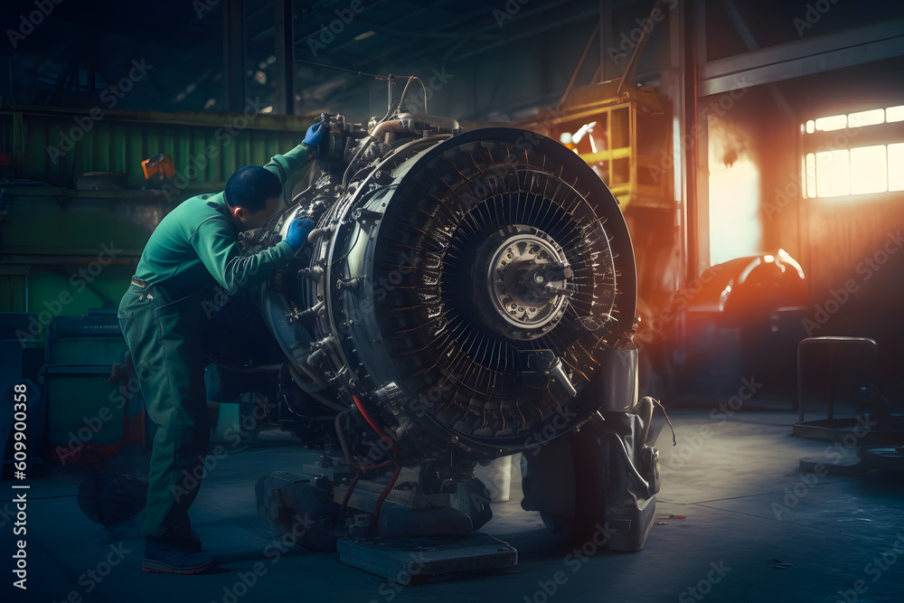 Specialist mechanic repairs the maintenance of a large engine of a ...