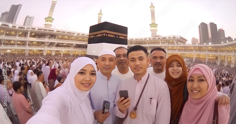 A Muslim family taking selfie with camera showing view of kaaba in ...