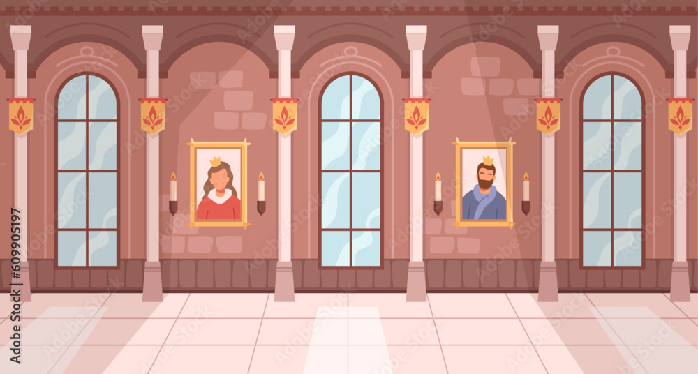 Castle royal ballroom interior cartoon background with monarch king and ...