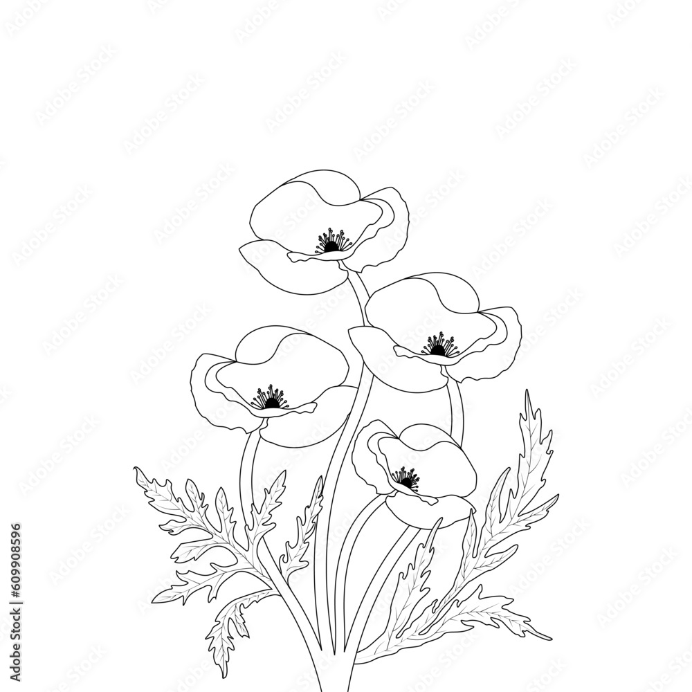 Corn Poppy Flower Line Art Coloring Page for Adults Stock Vector ...