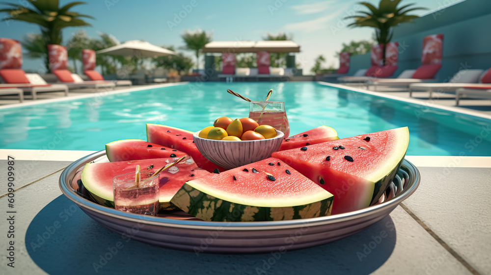 Watermelon plater with drinks on vacation at the swimming pool ...