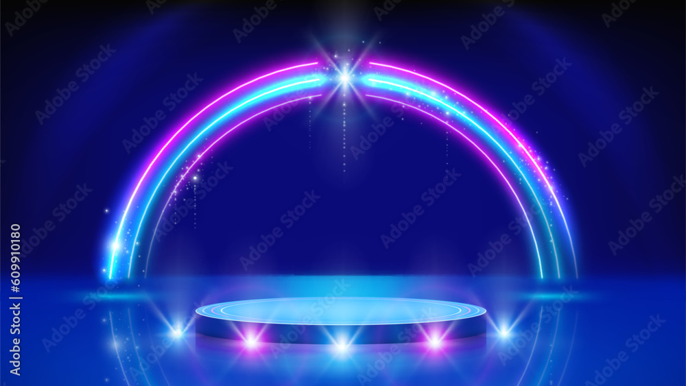 Neon frame, led arch, podium, stage. Background, backdrop for ...