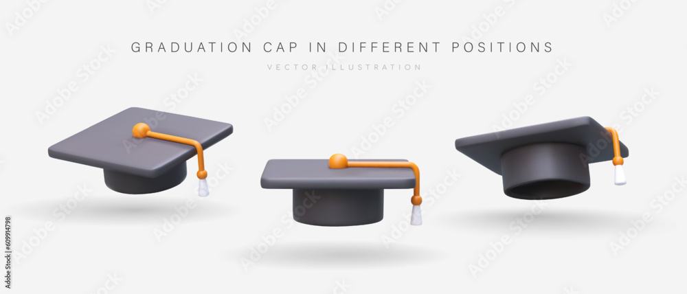 Black graduate hat in different positions. Set of 3D images of masters ...