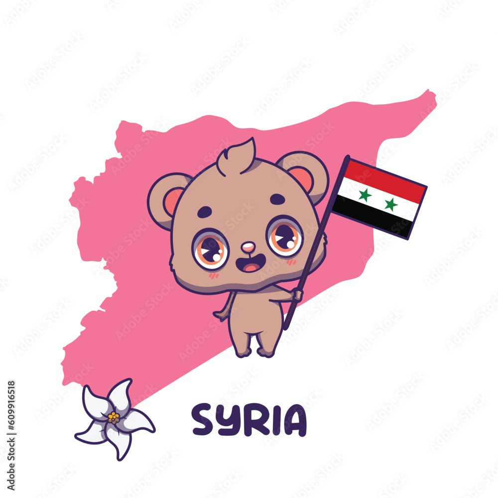 National animal brown bear holding the flag of Syria. National flower ...