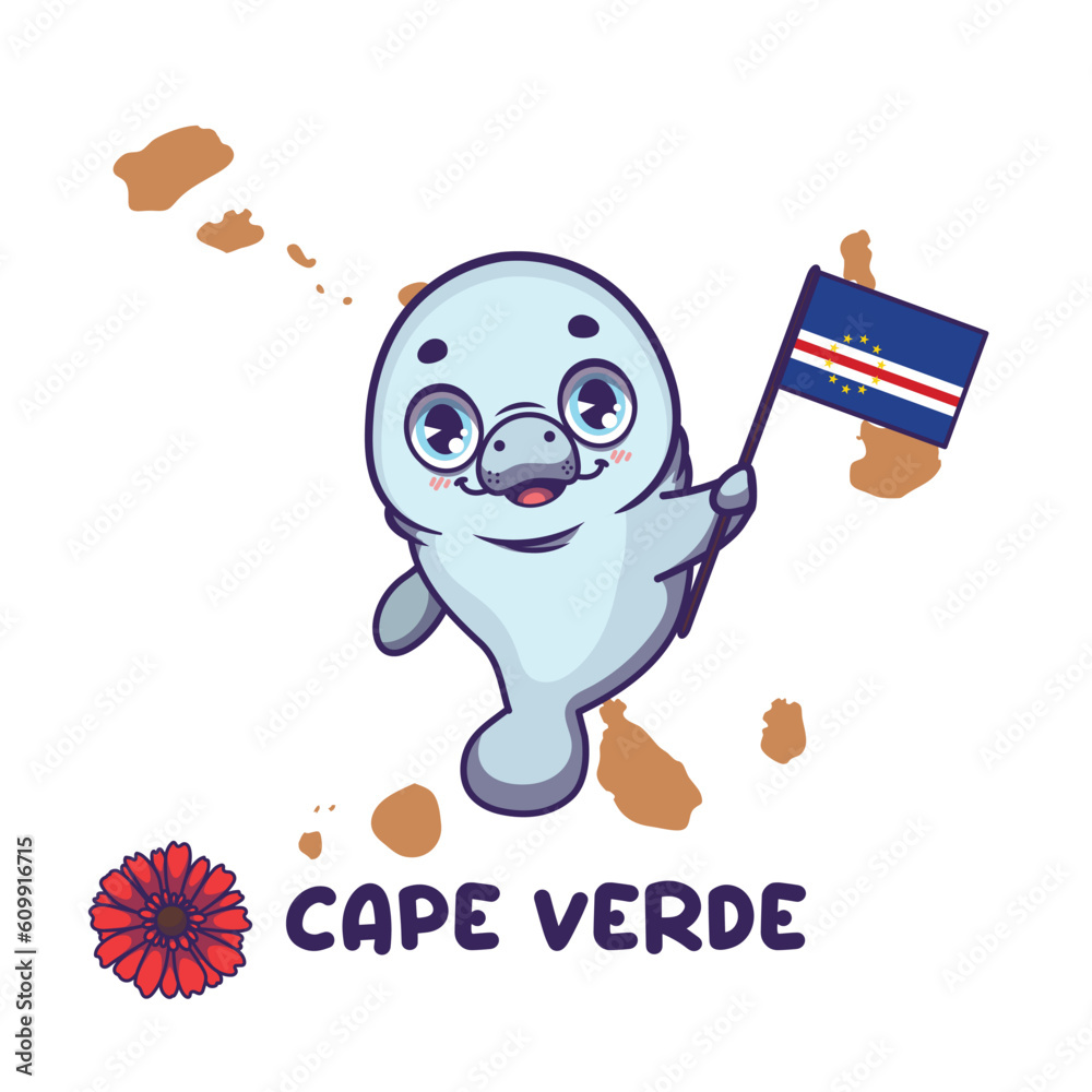 National animal manatee holding the flag of Cape Verde. National flower ...