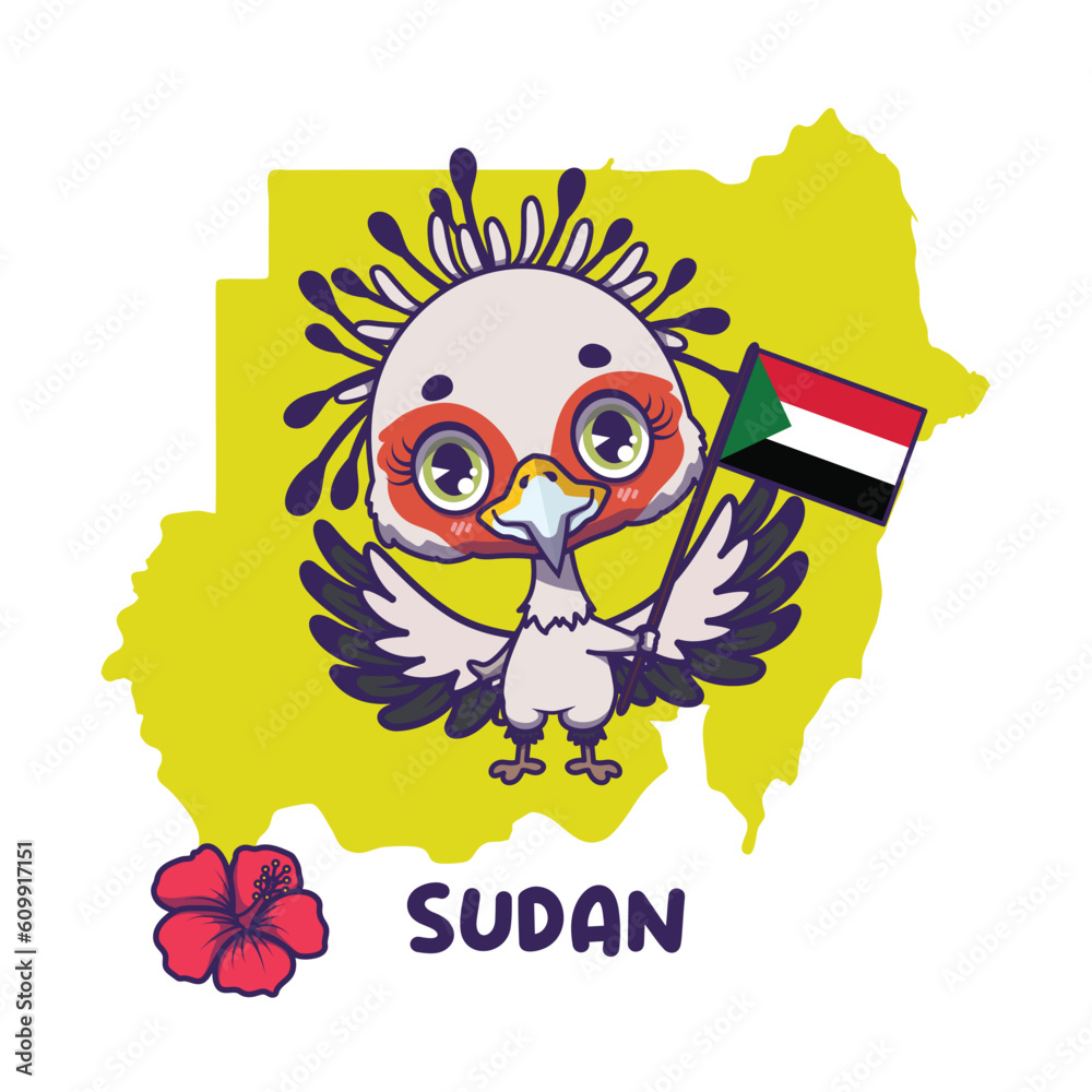 National animal secretary bird holding the flag of Sudan. National ...