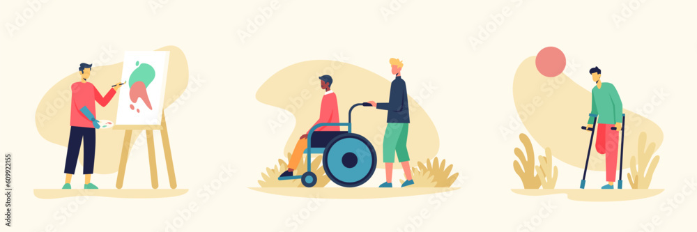 Set of people with special needs undergoing rehabilitation. Walk ...