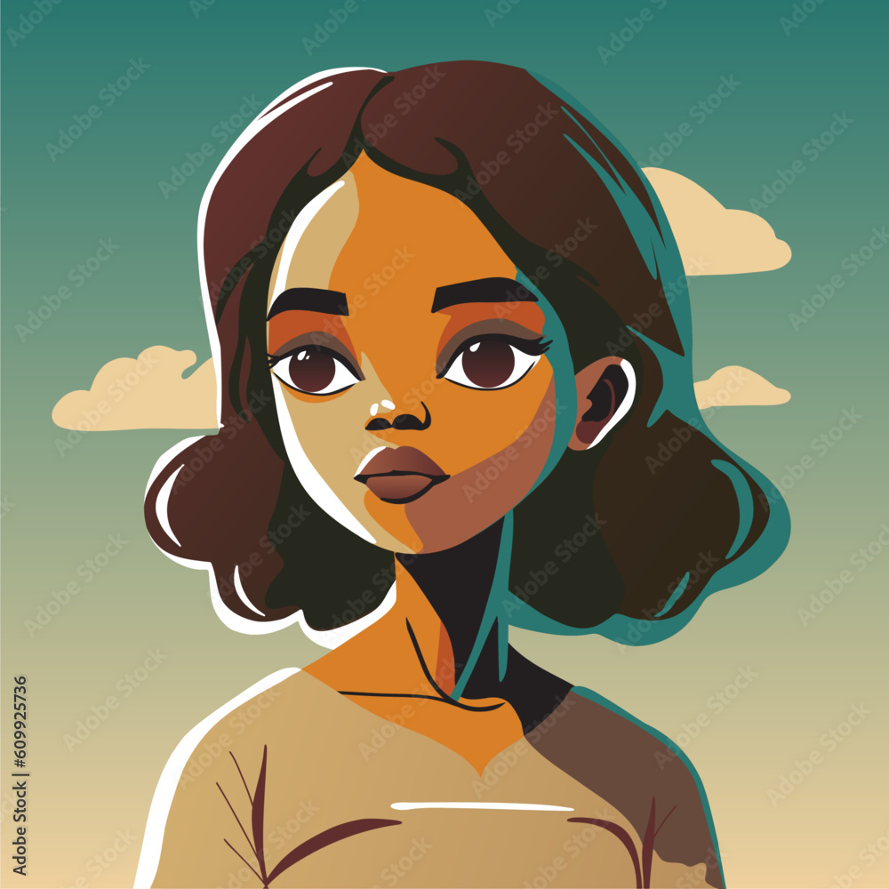 Black girl on the beach, sunset, young girl avatar, Colorful flat ...