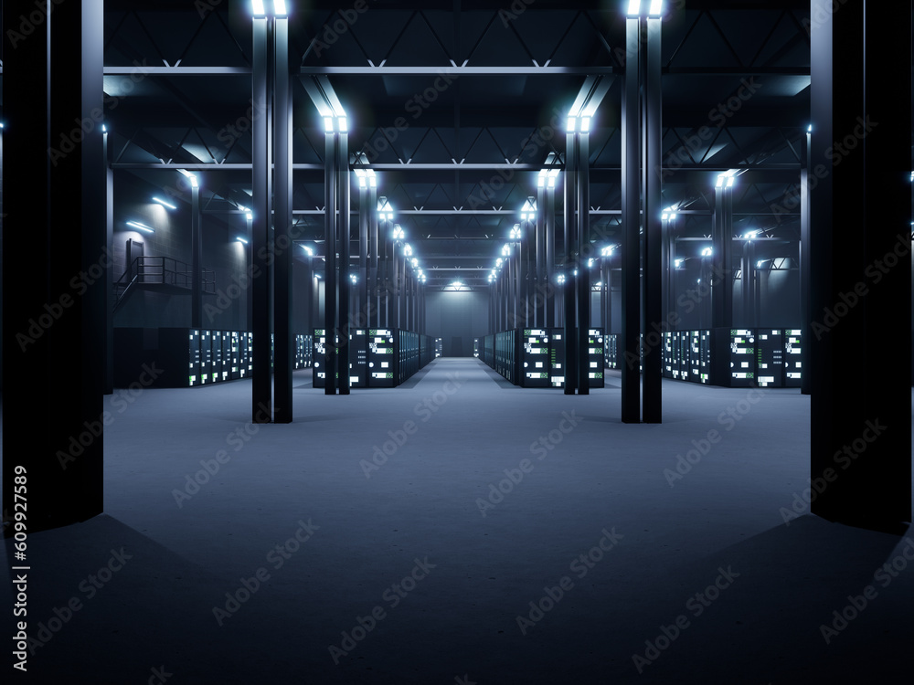 Supercomputer server room in IT office with lights, cloud computing ...