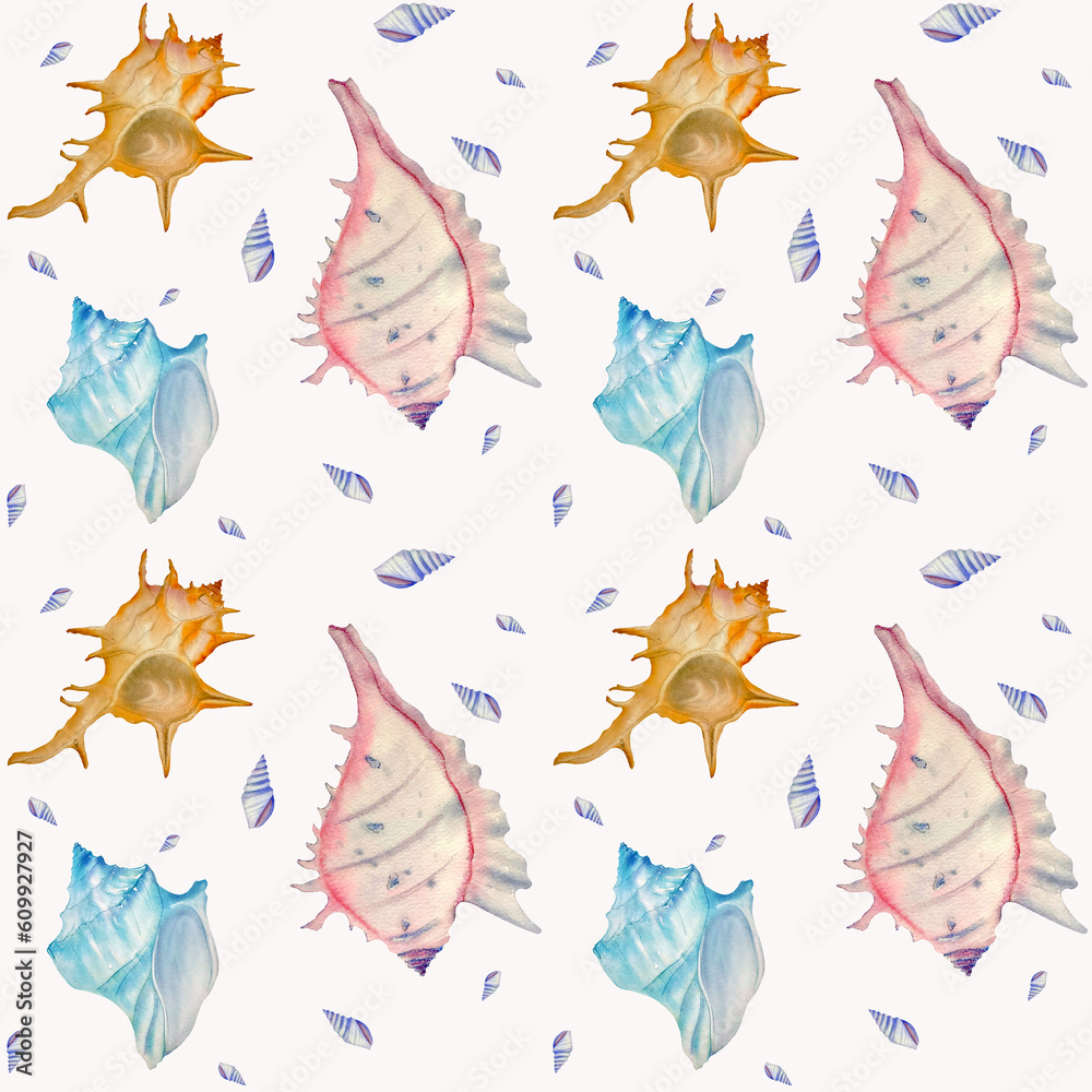 Beach seamless pattern watercolor sea shell Nautical digital background ...
