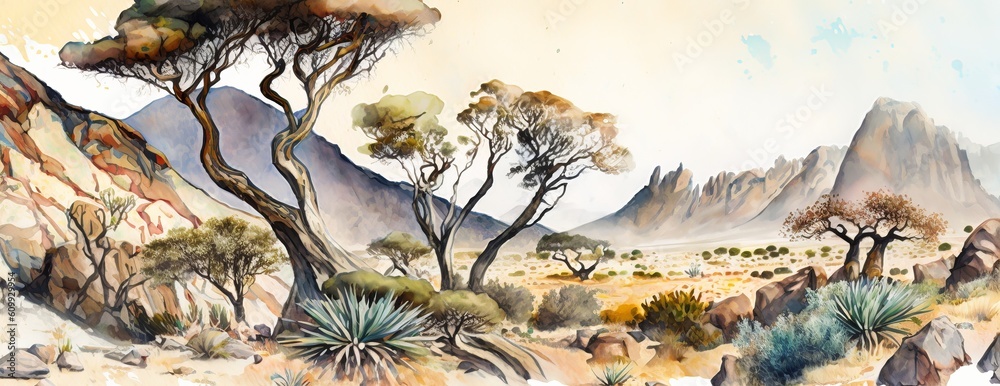 Watercolor drawing of the natural landscape of Socotra Island, with ...
