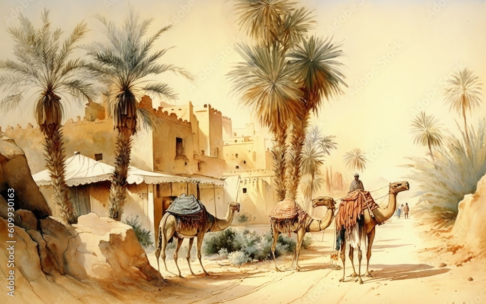 Watercolor painting, a landscape of the Arabian Peninsula in the past ...
