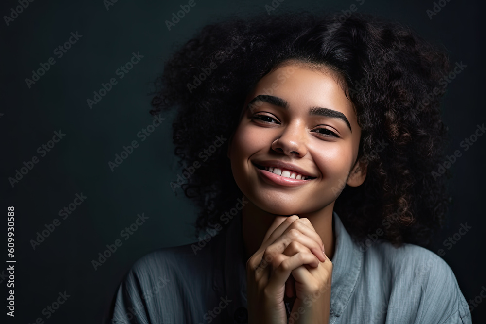Charming girl looks into camera after making wish and putting her hands ...