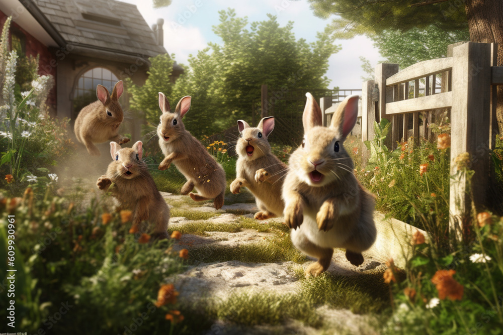 A group of rabbits hopping and playing in an enclosed garden ...