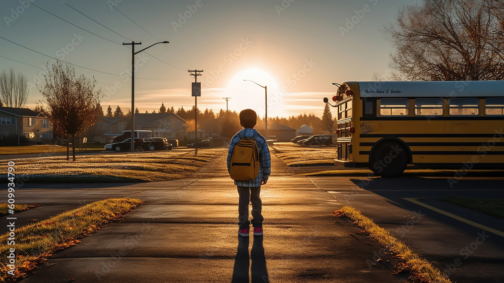 student waiting for the arrival of the school bus to go to school ...