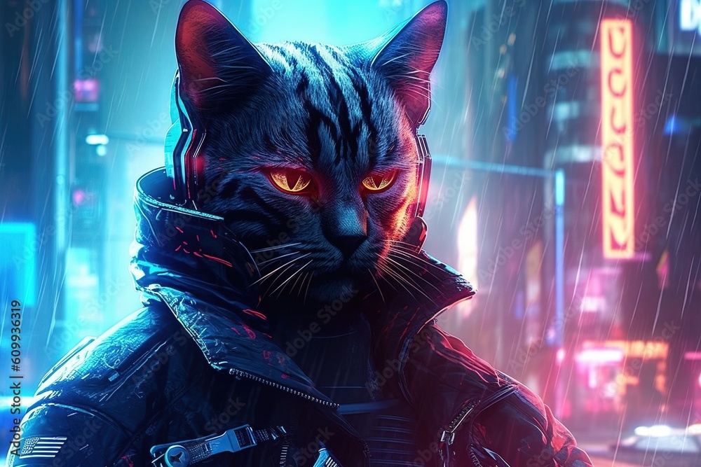 In the sprawling cyberpunk metropolis,a cat cybernetically enhanced cat ...