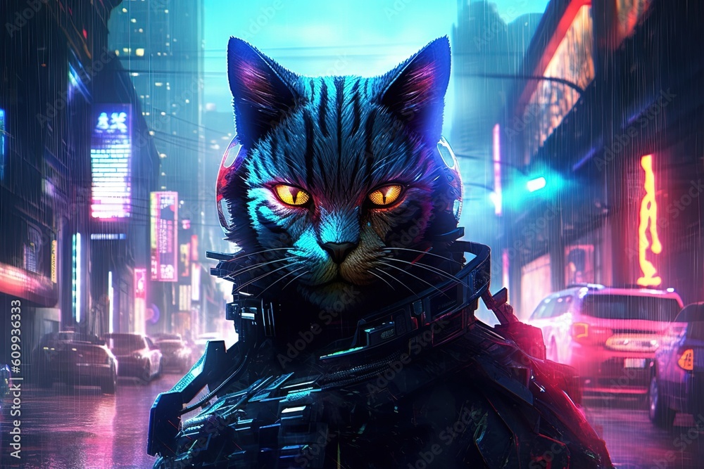 In the sprawling cyberpunk metropolis,a cat cybernetically enhanced cat ...