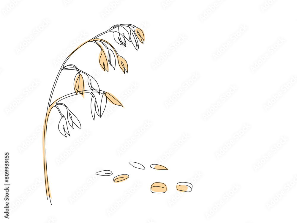Single continuous line drawing of oat grain ear with color shapes. One ...