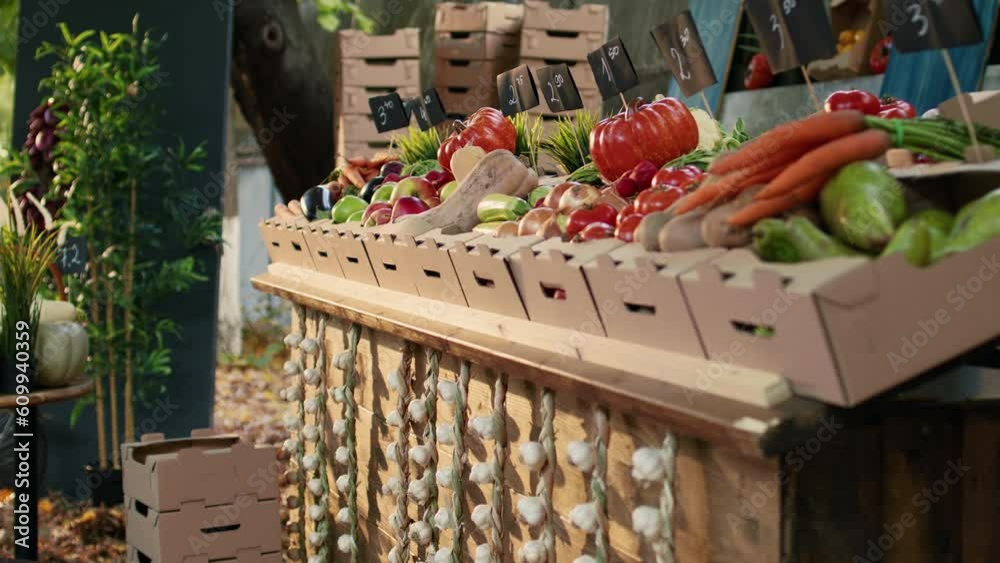 Locally grown farming products at empty farmers market stand with ...