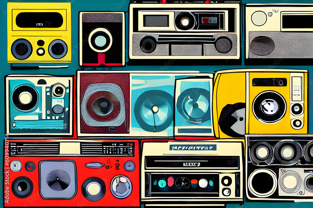 Pop art collage of vintage radios, record players, projectors, vhs ...
