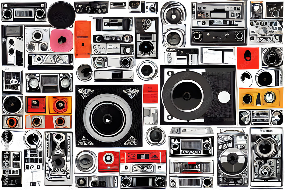 Pop art collage of vintage radios, record players, projectors, vhs ...