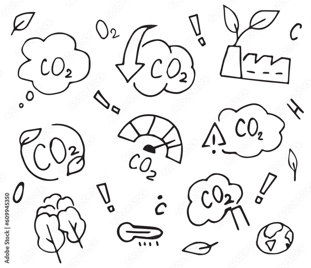 ecology set. carbon dioxide. CO2. doodle art. vector drawing. black and ...