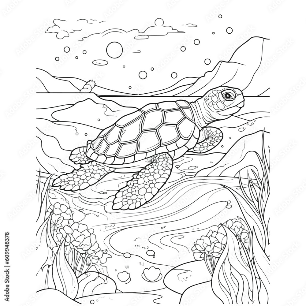 Beautiful Cute Turtle Coloring Pages Stock Vector | Adobe Stock