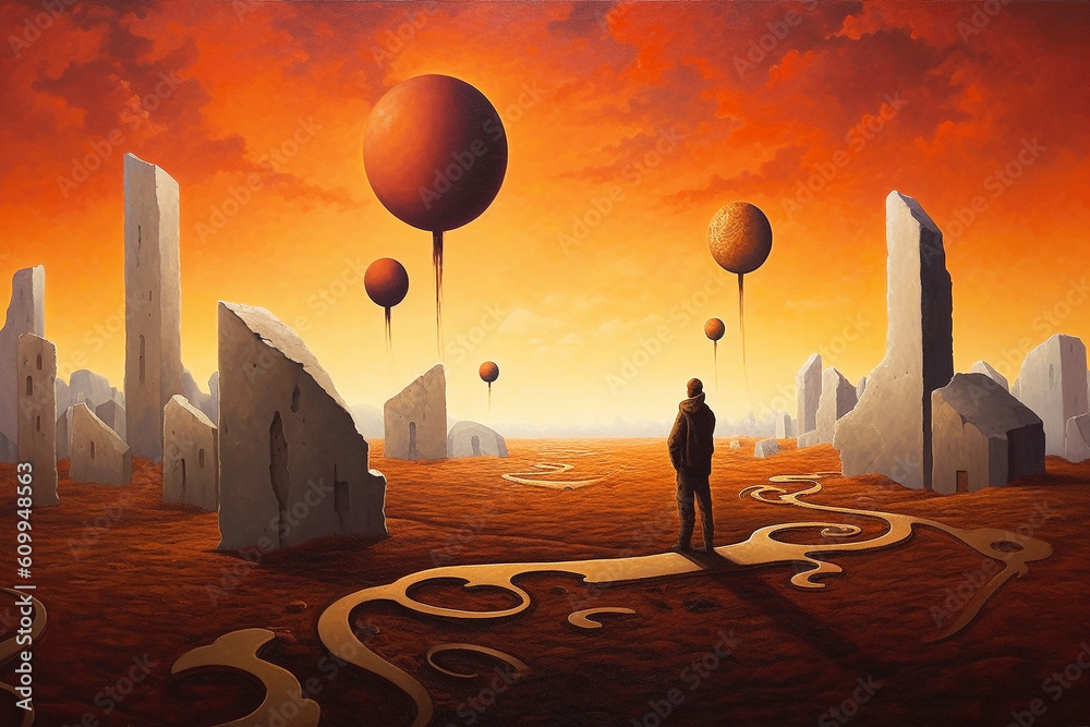 Surreal environment with a single person pondering the view. art ...