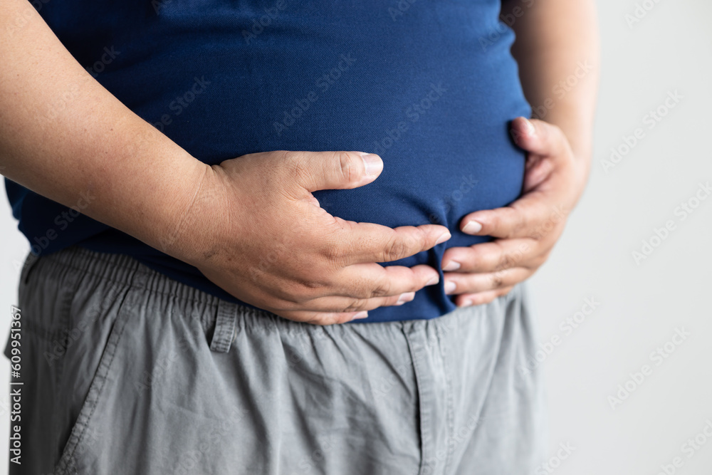 fat middle aged old asian man belly, concept of overweight, dad bod ...