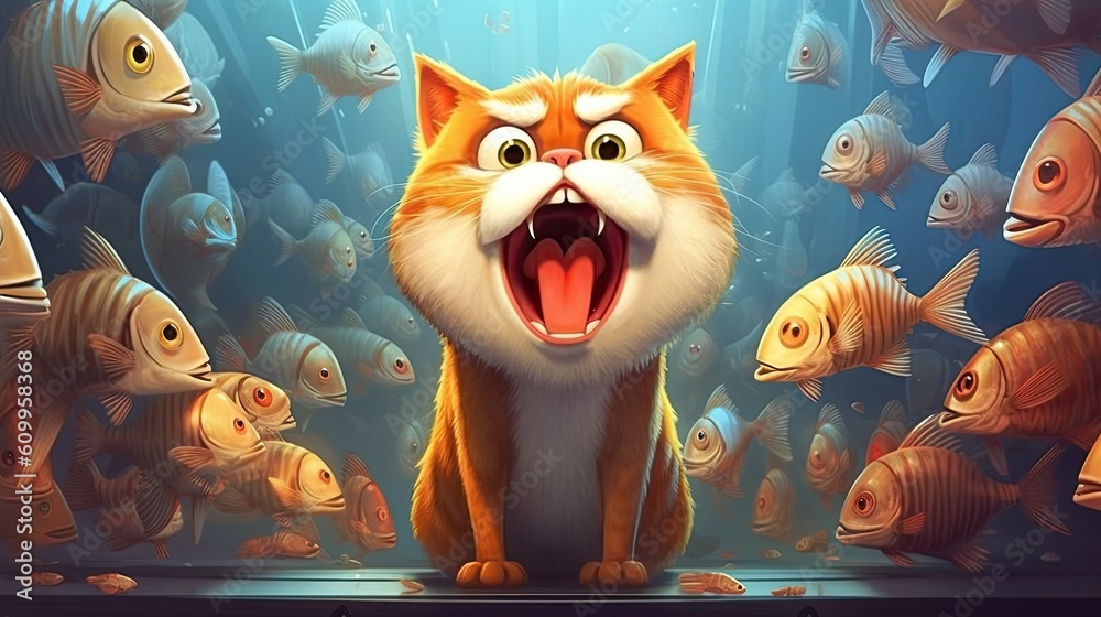 Cat and fishes. Cartoon cat with its mouth open in front of group of ...