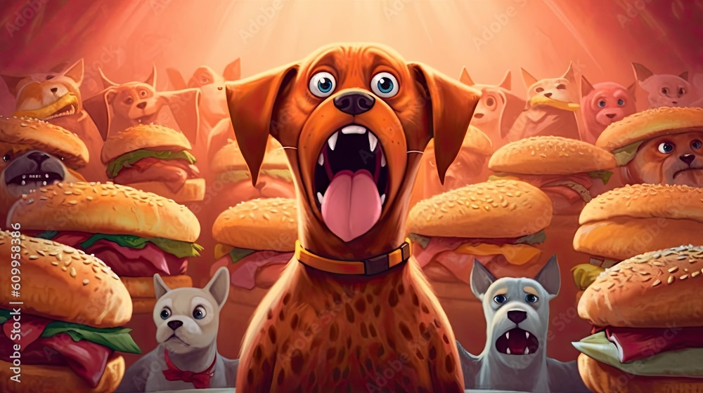 Dog and burgers. Cartoon dog with its mouth open in front of group of ...