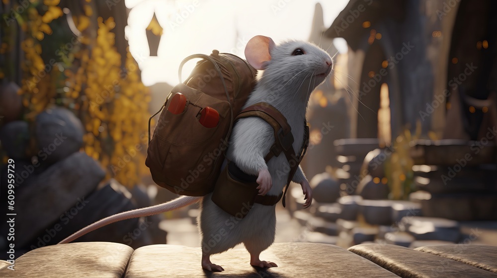 a mouse carrying backpacks with his back, white and amber, photo ...