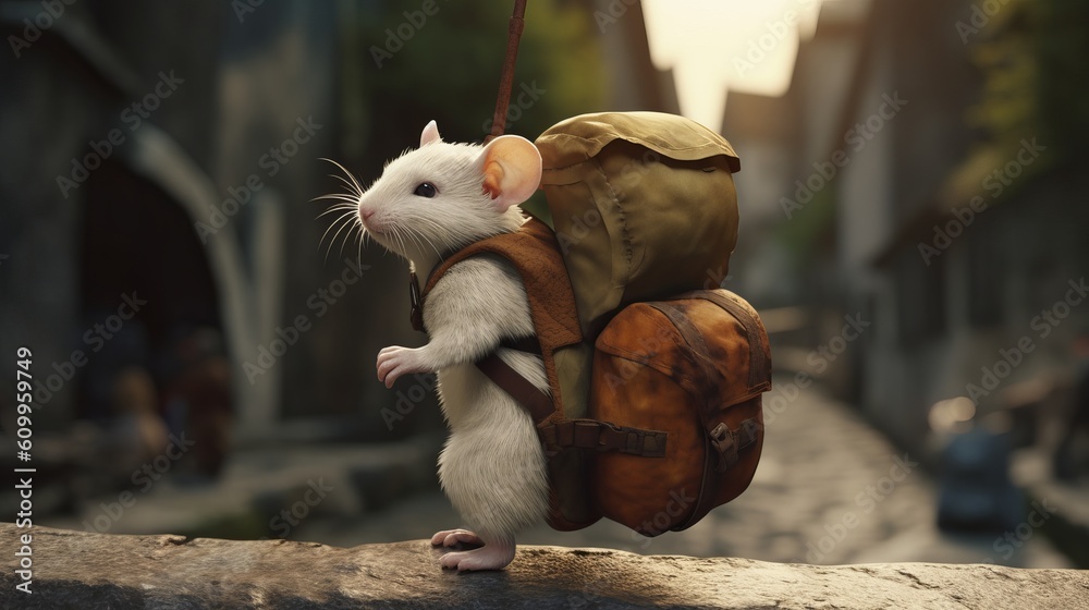 a mouse carrying backpacks with his back, white and amber, photo ...