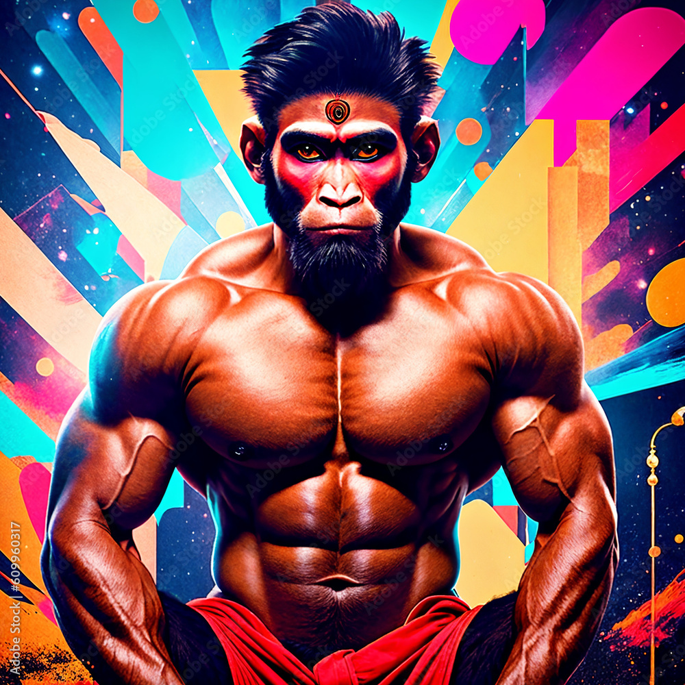 anthropomorphic Hanuman langur monkey bodybuilder abstract colorful ...