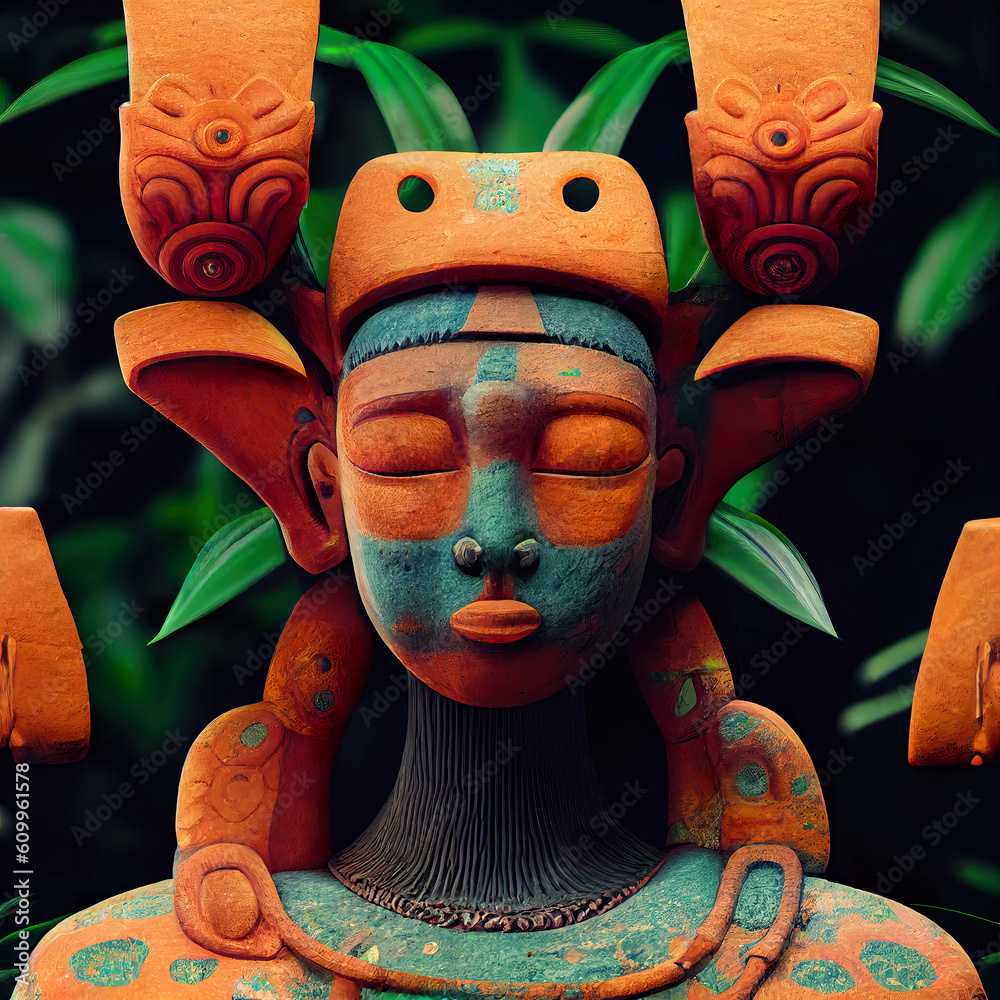 Spiritual aura. Ethereal portrait of Maya totem deity's enigmatic ...