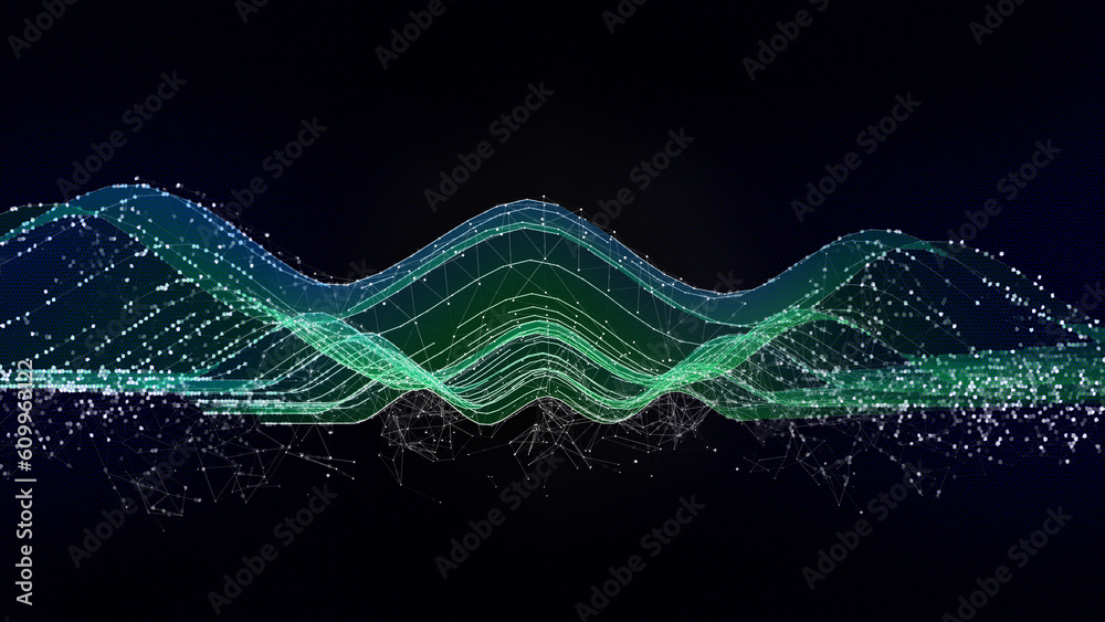 Abstract background graph wavy white lines with dots on dark blue ...