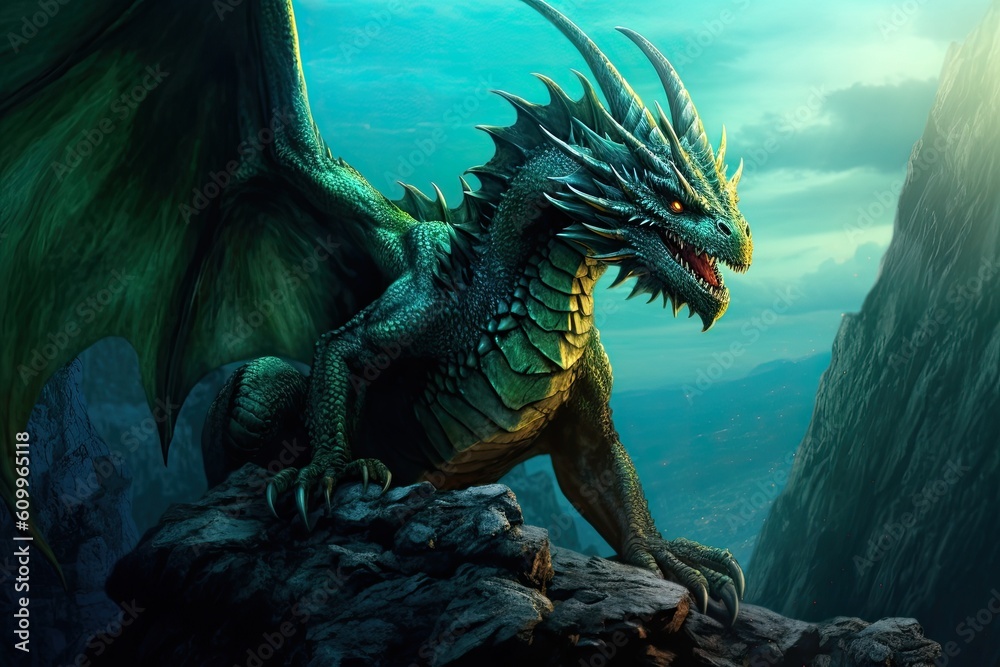 Large green dragon with horns and wings on an azure background ...