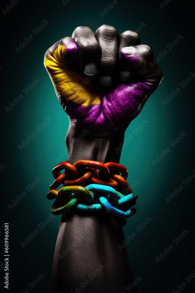 Generative AI illustration of raised clench fist of black person with ...