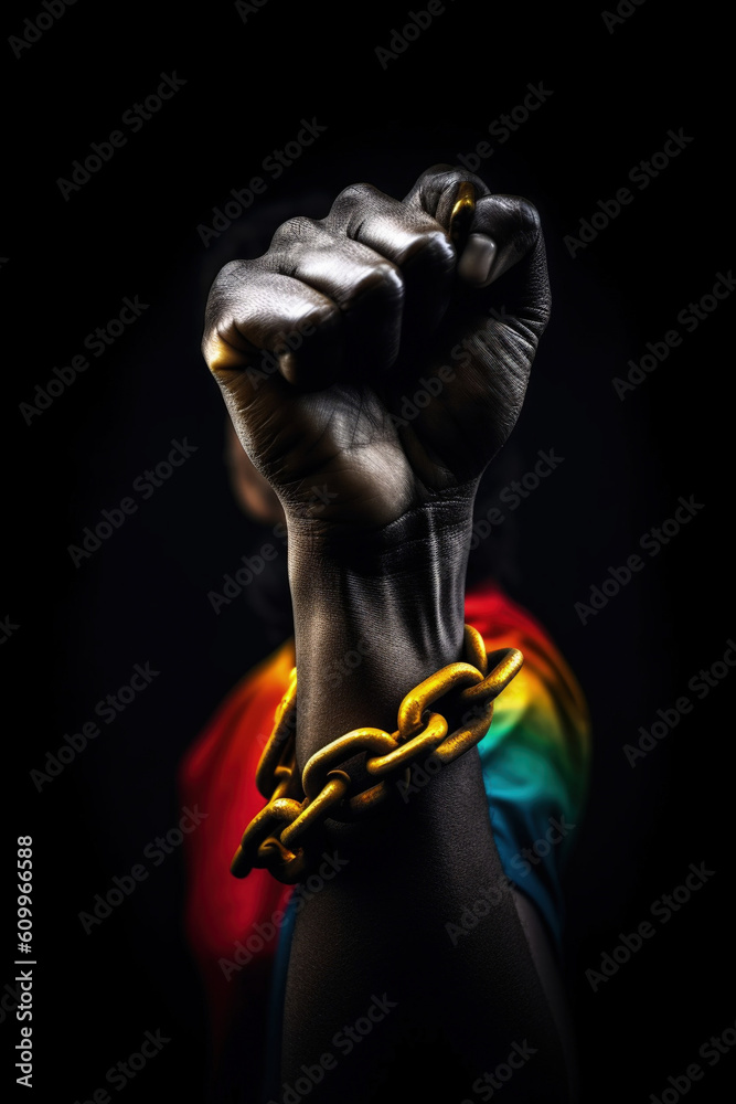 Generative AI illustration of raised clench fist of black person with ...
