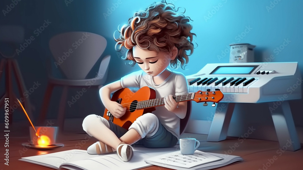 3D rendering of cute little girl playing guitar in the room.The ...